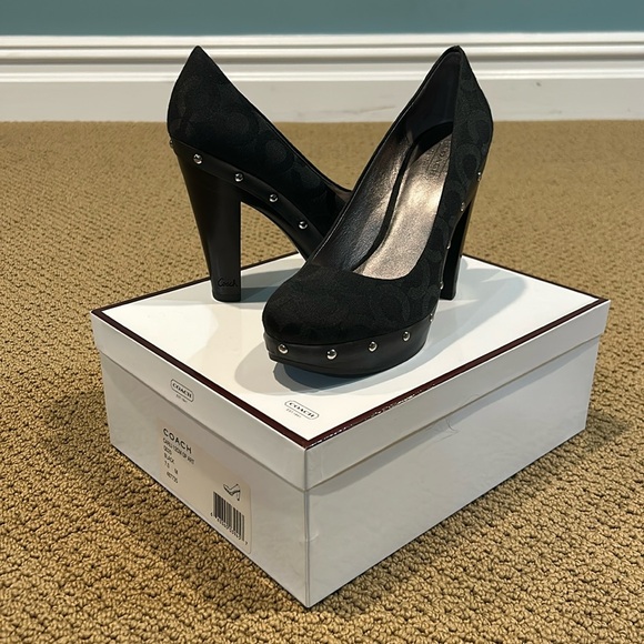 Coach | Shoes | Coach Carli Monogram Studded Platform Heels Size 7 In ...